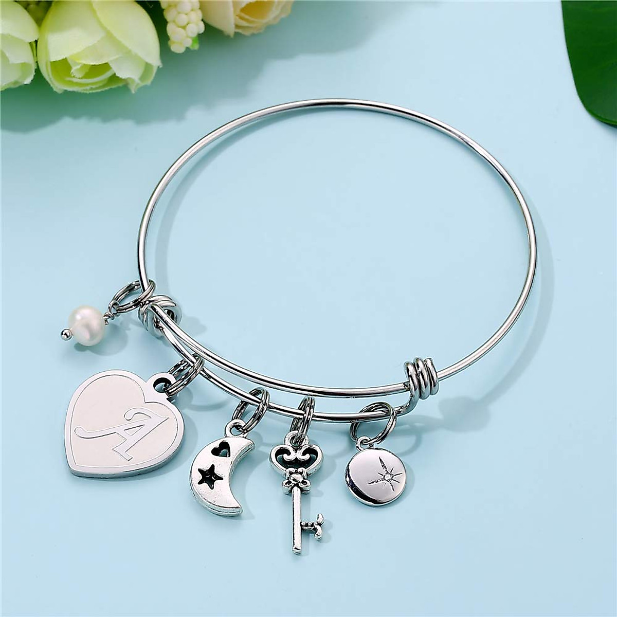 Heart Charm Bracelets For Women - Initial Charm Engraved Letter A Initial Bracelet Stainless Steel Expandable Charms Bangle Bracelets Birthday Jewelry Gifts for Women Teen Girls Bridesmaids Gifts