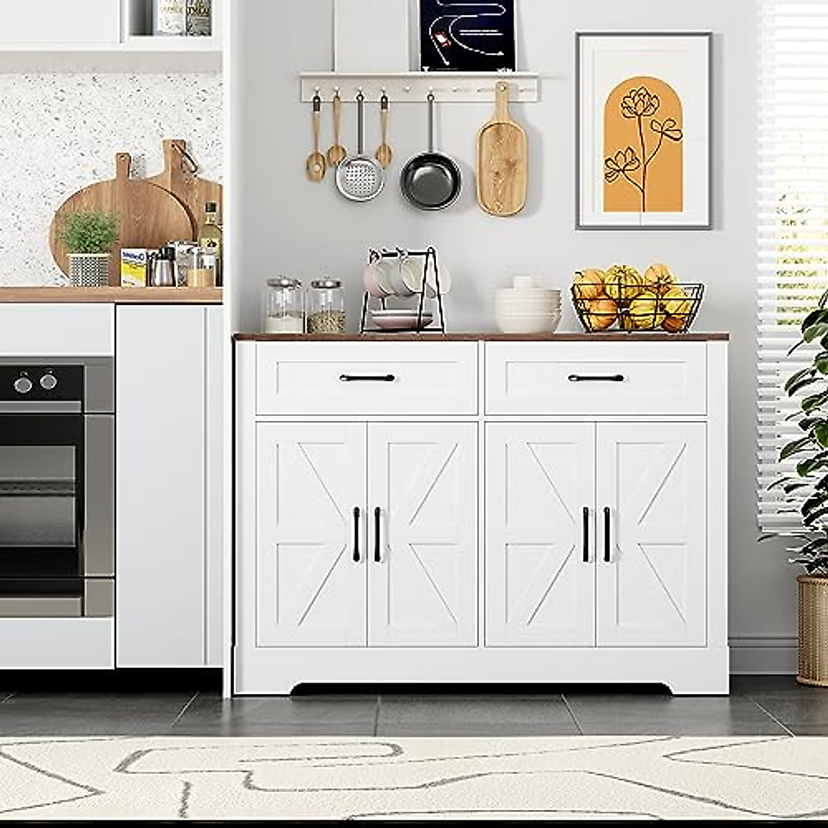 BOTLOG Farmhouse Buffet Cabinet with Storage, 47.2" Sideboard Storage Cabinet with Drawers Coffee Bar Cabinet for Kitchen, Dining Room, Hallway, White