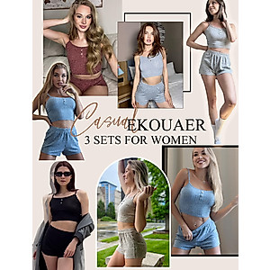 Ekouaer 3 Sets for Women Ribbed Pajamas Crop Cami Top and Shorts Pjs Casual Sleeveless Button Lounge Set Sleepwear Black/Apricot/Wine,X-Large
