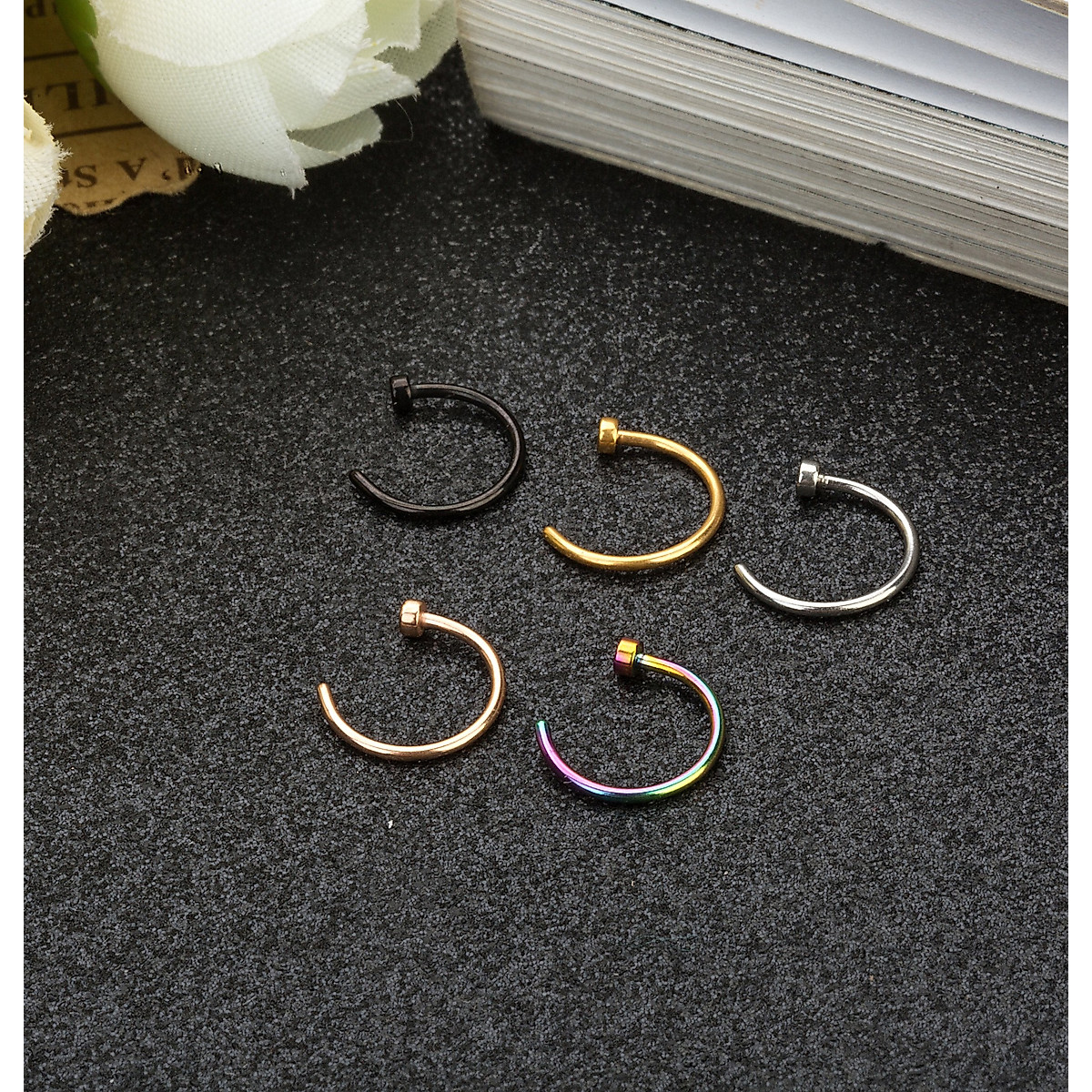 REVOLIA 22G 5Pcs Stainless Steel Nose Rings Hoop Body Piercing Jewelry 8MM