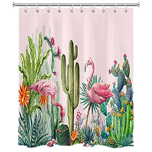 EOBTAIN Green Cactus Shower Curtain Flamingo and Western Succulent Plant with Flower on Pink Shower Curtain for Bathroom Tropical Jungle Polyester Fabric Bath Curtain with 10 Hooks 72x60 inches