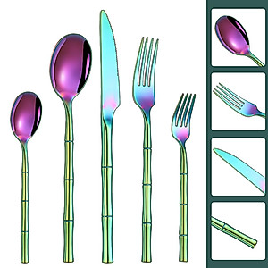 60 Piece Bamboo Shaped Flatware Set Service for 12, 18/10 Stainless Steel Rainbow Bamboo Handle Silverware Cutlery Set For Home Kitchen Hotel Utensils, Mirror Polished, Dishwasher Safe