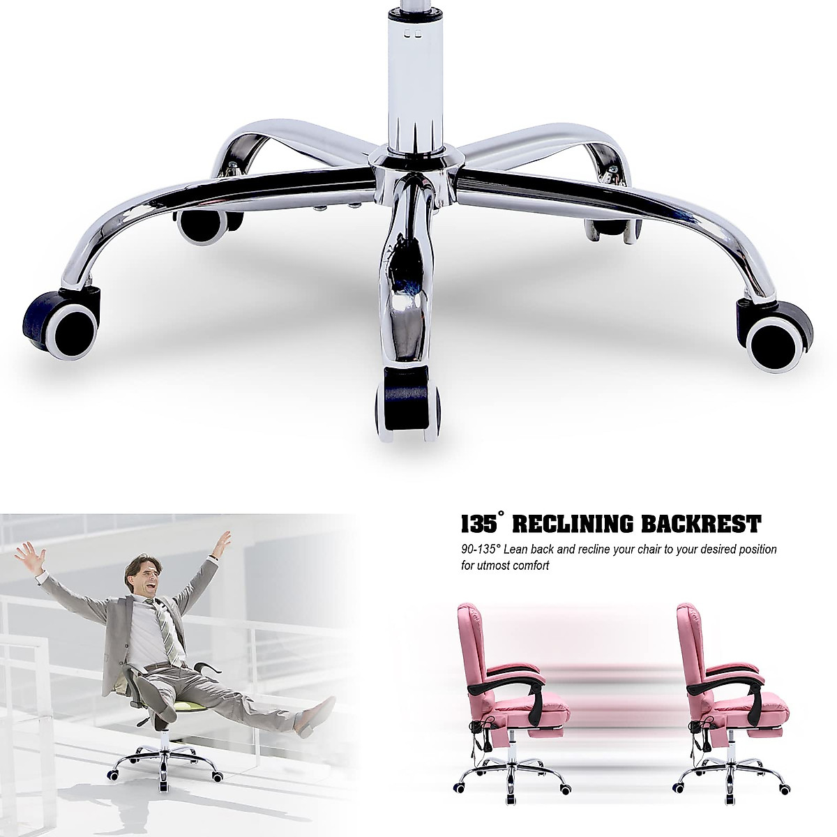 ONPNO Reclining Office Chair with Massage, Ergonomic Office Chair w/Foot Rest, PU Leather Executive Computer Chair w/Heated, Padded Armrest, High Back Swivel Recliner for Office Home Study (Pink)