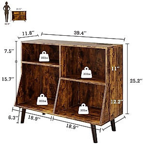 Ethlomoer Storage Organizer BookShelf with Outlets, 3 Tier Mid-Century Modern Bookcase with Legs, Freestanding Wood Open Bookcase, Retro Industrial Horizontal Bookcase for Bedroom, Living Room, Office