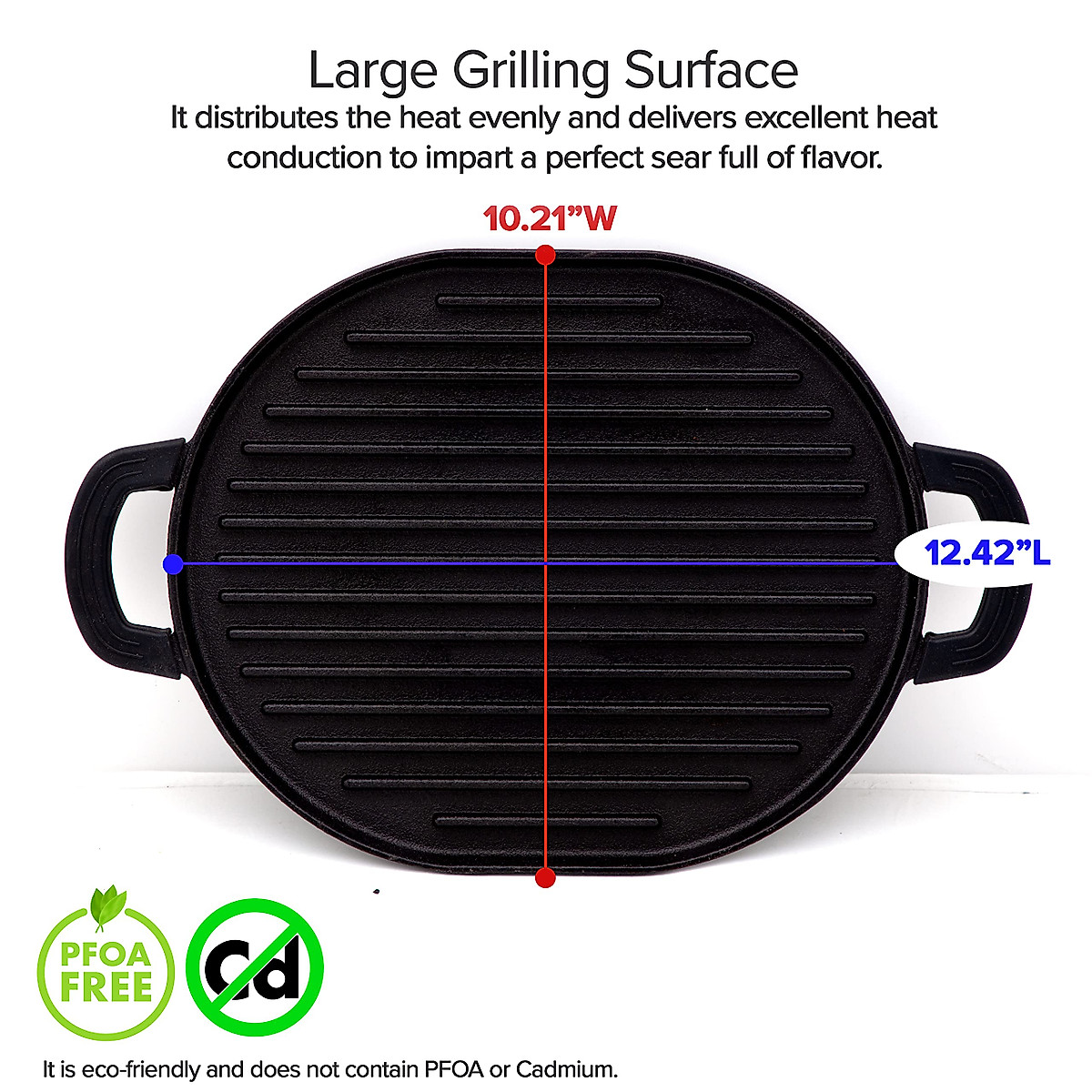 Nuwave Cast Iron Grill, 12.42”x10.21” Non-Stick Grilling Surface, Deep Grill Ridges, Pre-Seasoned, Stay-Cool Silicone Handles, Easy-to-Clean,Oven Safe,Stovetop,BBQ,Fire & Smoker,Induction-Ready,Black