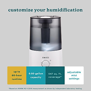 Homedics TotalComfort Ultrasonic Humidifier – Large Air Humidifiers for Bedroom, Plants – Top-Fill 0.85 Gallon Water Tank for 60 Hours of Run Time, Essential Oil Pads, Night-Light, White