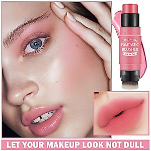 Cream Blush Stick with Brush,Waterproof Blush Makeup,Long Lasting 3 In 1 Cheek Blush & Lip Tint & Eye Shadow Makeup Stick,Easy To Use Blends Effortlessly,Cream Blush Makeup for All Skin Tones - Cherry Pink