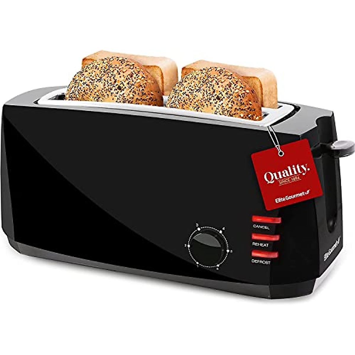 Elite Gourmet ECT4829B Long Slot 4 Slice Toaster, 6 Toast Settings Toaster Defrost, Reheat, Cancel Functions, Slide Out Crumb Tray, Extra Wide Slots for Bagels Waffles, Black