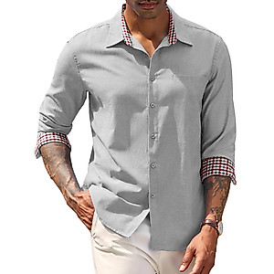 COOFANDY Men's Casual Oxford Shirts Long Sleeve Linen Button Down Shirt Business Dress Shirt Light Grey