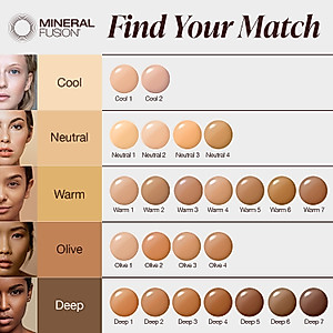 Mineral Fusion Full Coverage Foundation, Liquid Foundation - Warm 1- Light to Medium Complexion w/Golden Undertones, Lightweight Matte Finish, Up to 12 Hr Hydration, Hypoallergenic & Vegan, 1 fl. oz