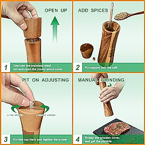 Artmujohn 8" Acacia wooden pepper Grinder,Wood Handicrafts Mills Shakers,Adjustable Ceramic Rotor Pepper Grinder,Refillable spice grinders,Minimalist style salt and pepper Grinder