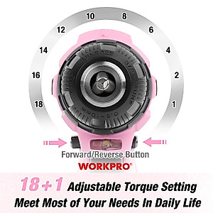 WORKPRO 12V Pink Cordless Drill Driver and Home Tool Kit, Hand Tool Set for DIY, Home Maintenance, 14-inch Storage Bag Included - Pink Ribbon