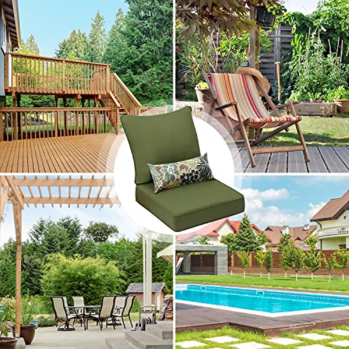 Aoodor 24'' x 24'' Outdoor Deep Seat Chair Cushion Set，Olefin Fabric Slipcover and Sponge Foam- Green (Set of 2 Seats, 2 Backs, 2 Pillows)