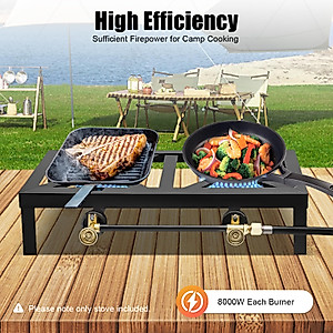 Portable Double Burner Outdoor Gas Stove Cast Iron Propane Cooker with Adjustable 0-10Psi Regulator Hose for Patio Camping, BBQ, Home Brewing,Tailgating, Hiking, Maple Syrup Prep