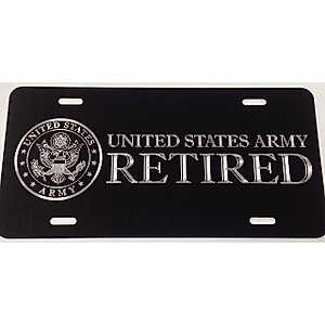 Engraved US Army Retired Car Tag Silver Diamond Etched on Black Aluminum Vanity Front License Plate Gift