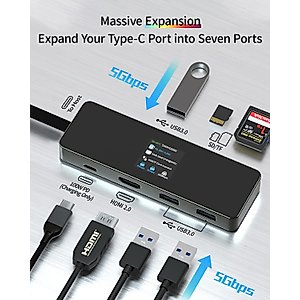 DOCKCASE 7 in 1 Visual Smart USB C Hub (Integrated) with HDMI Port 4K60Hz,100w PD Port, 3 USB-A 3.0, SD/TF Card Slot, for MacBook Air/Pro,XPS,and More