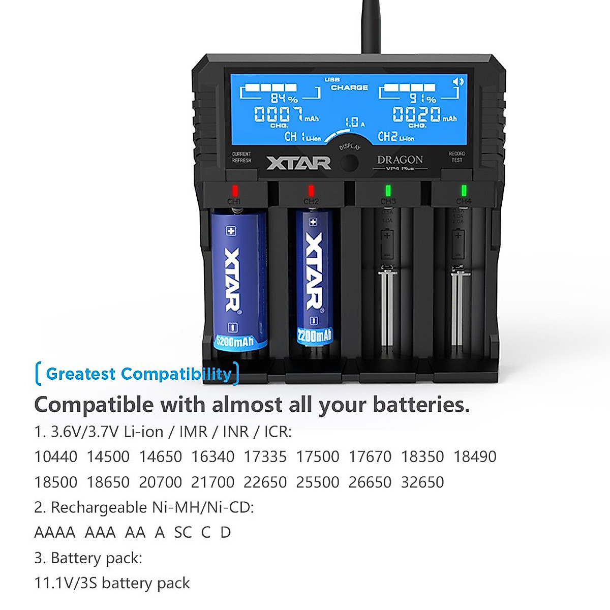 LCD Display Speedy Universal Battery Charger, XTAR DRAGON VP4 Plus Smart Charger with Probes Car Charger for Rechargeable Batteries Ni-MH Ni-Cd A AA AAA SC, Li-ion 18650 26650 26500 22650 18490 17670