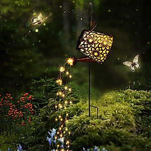 Watering Can with Lights Star Shower Watering Can Solar Twinkle Lights Waterproof Outdoor Decor LED Fairy Lights for Garden Yard Outdoor Lawn Patio Party Decorations Path Lights (Floral Style)