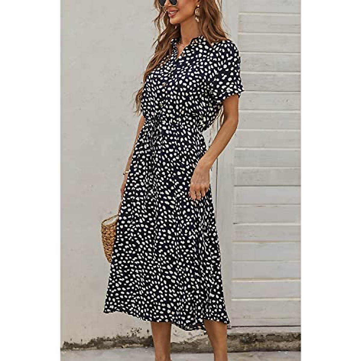 BROVAVE Women's Summer Polka Dot Print Shirt Dress Vintage Short Sleeve Button Down Midi Dress(Dark Blue, S)
