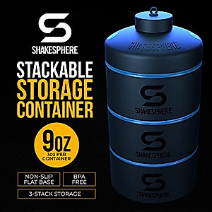 ShakeSphere Stackable Snack Containers - Organizer Carrier for Food, Protein Powders, Nuts & Supplements - 3 Leakproof, Twist Lock Holders - Portable Storage for Lunch, Office, Gym, Travel (Cyan Blue)