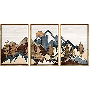 SIGNWIN Framed Canvas Print Wall Art Set Country Woodcut Style Mountain Forest Nature Wilderness Illustrations Modern Art Decorative Farmhouse Zen for Living Room, Bedroom, Office - 16"x24"x3 Natural