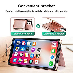 LUVI Compatible with iPhone 12 Pro Max Wallet Case with Crossbody Neck Strap Lanyard Purse Handbag Shoulder Strap Cover with PU Leather Credit ID Card Holder Kickstand Stand Protection Case Rose Gold
