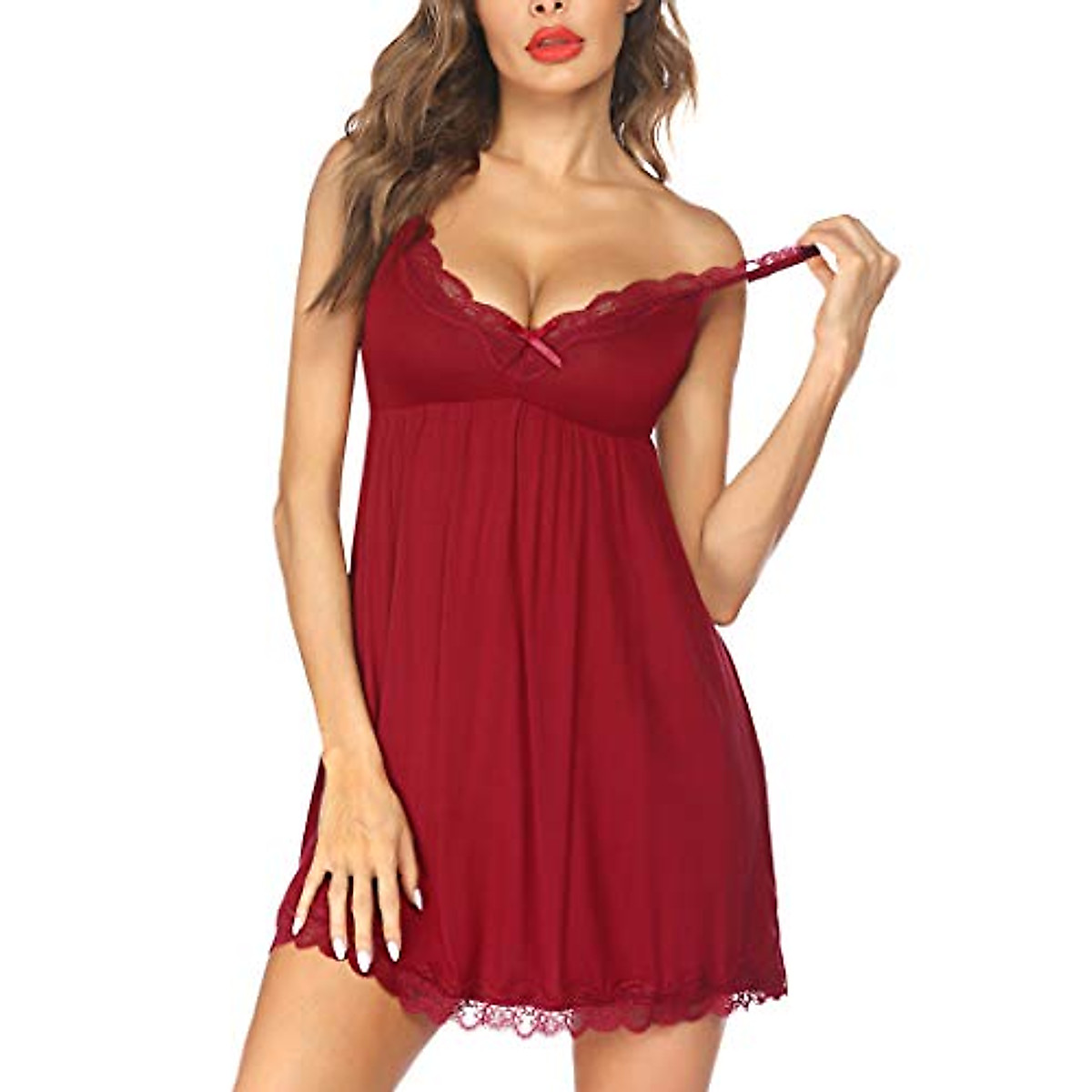 Avidlove Sexy Sleepwear for Christmas Babydoll Lingerie Lace Chemise Nightgown Slip Dress Loungewear Wine Red
