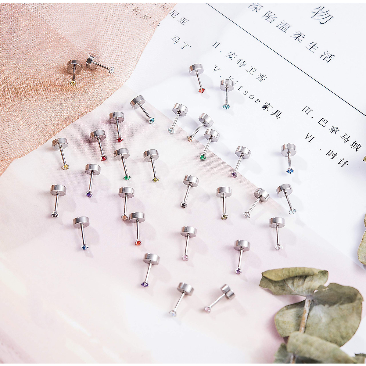 Masedy 15 Pairs 20G 316L Stainless Steel CZ Stud Earrings for Women Men Cartilage Screwback Earring Set 2mm