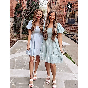 ZESICA Women's Boho 2025 Summer Square Neck Puff Sleeve Off Shoulder Smocked Tiered Casual A Line Short Mini Dress,LightBlue,XX-Large