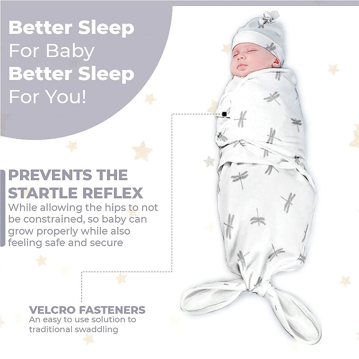 Jam Naturals- Organic Knotted Tie Bottom Adjustable Velcro Swaddle and Hat Set of 3, Newborn Sleep Sack (0-3m, 7-14lbs Grey)