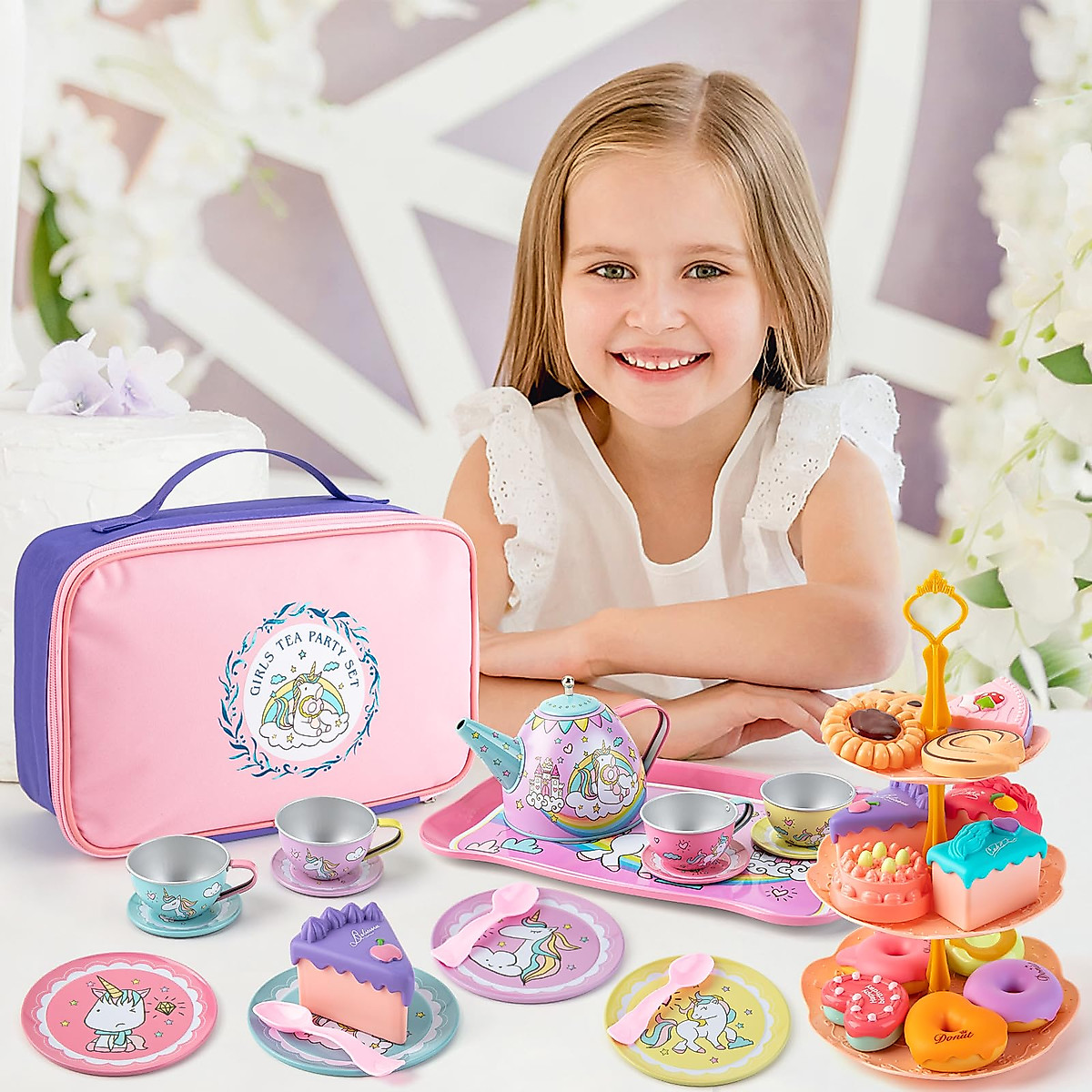 Juboury Tea Party Set for Little Girls, Pretend Tin Teapot Set with Dessert, Doughnut, Cake Stand, Tablecloth & Carrying Case, Princess Tea Time Kitchen Pretend Play Toy for Girls Age 3 4 5 6