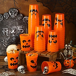 Sliner 60 Pieces Halloween Jack O Lantern Cups 12 oz Plastic Scary Printed Pumpkin Design Cup Reusable Orange Cute Halloween Party Supplies for Liquor Juice Hot Cold Drinks Coffee Kitchen Adult Kids