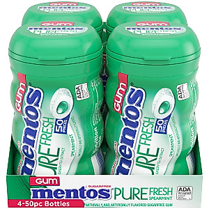 Mentos Pure Fresh Sugar-Free Chewing Gum with Xylitol, Spearmint, 50 Piece Bottle (Bulk Pack of 4)