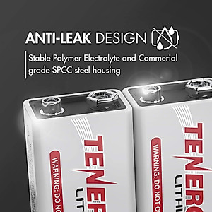 Tenergy 9V Lithium Batteries, 1200mah Non-Rechargeable Batteries, 10 Years Shelf Life Lithium 9 Volt Batteries, 4 Pack