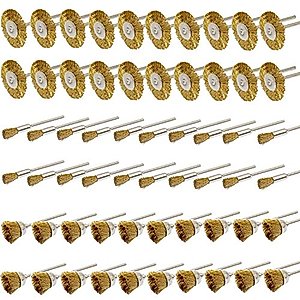 PHYHOO Brass Wire Brushes Cup Wheels Polish Cleaning Brush Kit Polishing Attachment Die Grinder Rotary Tools Accessories 3 MM Mandrel 60 Pieces