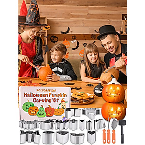 Rolcoassuns 27PCS Halloween Pumpkin Carving Kits,Pumpkin Carving Tools Set with 23PCS Stainless Pumpkin Carving Stencils,3 Carving Tools&1 Mallet for Adults Kids Easy Safe Fun DIY Halloween Decoration