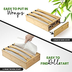 Utopia Kitchen 3 in 1 Foil and Plastic Wrap Organizer, Plastic Wrap Dispenser with Cutter, Bamboo Dispenser for Kitchen Organization and Storage - Fits 12 Inch Rolls - Natural