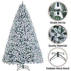 Yaheetech 9ft Premium Snow Flocked Hinged Artificial Christmas Fake Spruce Full Tree for Home Office Party Decoration with 2108 Branch/PVC Tips/Foldable Stand