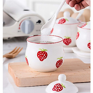 Mathew Hand-painted Strawberry Ceramic Seasoning Jar Condiment Pot Sugar Bowl with Lid and Spoon