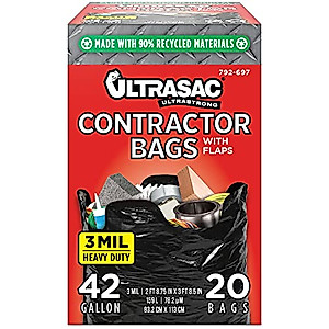 Ultrasac Contractor Bags 42 Gallon (20 Pack/w Flap Ties), 2.9' x 3.95' - 3 MIL Thick Large Black Heavy Duty Industrial Garbage Trashbags for Professional Construction and Commercial use