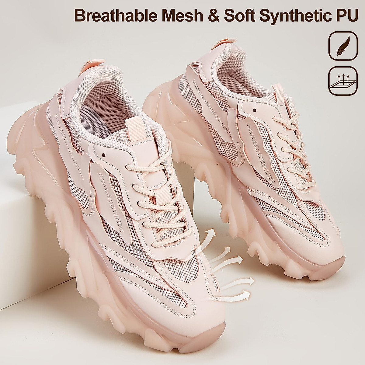 LUCKY STEP Women‘s Chunky Fashion Sneakers Platform Dad Cusual Classic Mesh Walking Shoes Comfortable Lace up Travel Sneakers(Pink,9B(M) US)