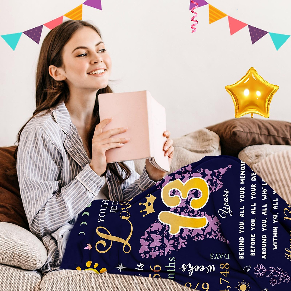 Zvzmzy Happy 13th Birthday Gifts for Girls Throw Blanket 60"X 50", Birthday Gifts for 13 Year Old Girls, Teen Girl Gifts 13 Year Old, 13 Yr Old Birthday Gift Ideas, Birthday Present for Girls Age 13