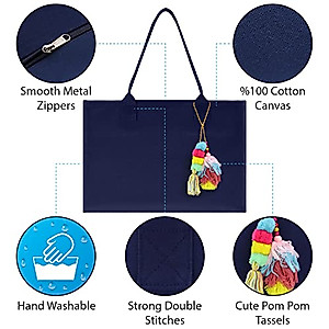 VANESSA ROSELLA Personalized Gift 100% Cotton Canvas Chic Tote Bag - Top Zipper Closure Option - With PomPom and Embroidery Customize Option (Navy)