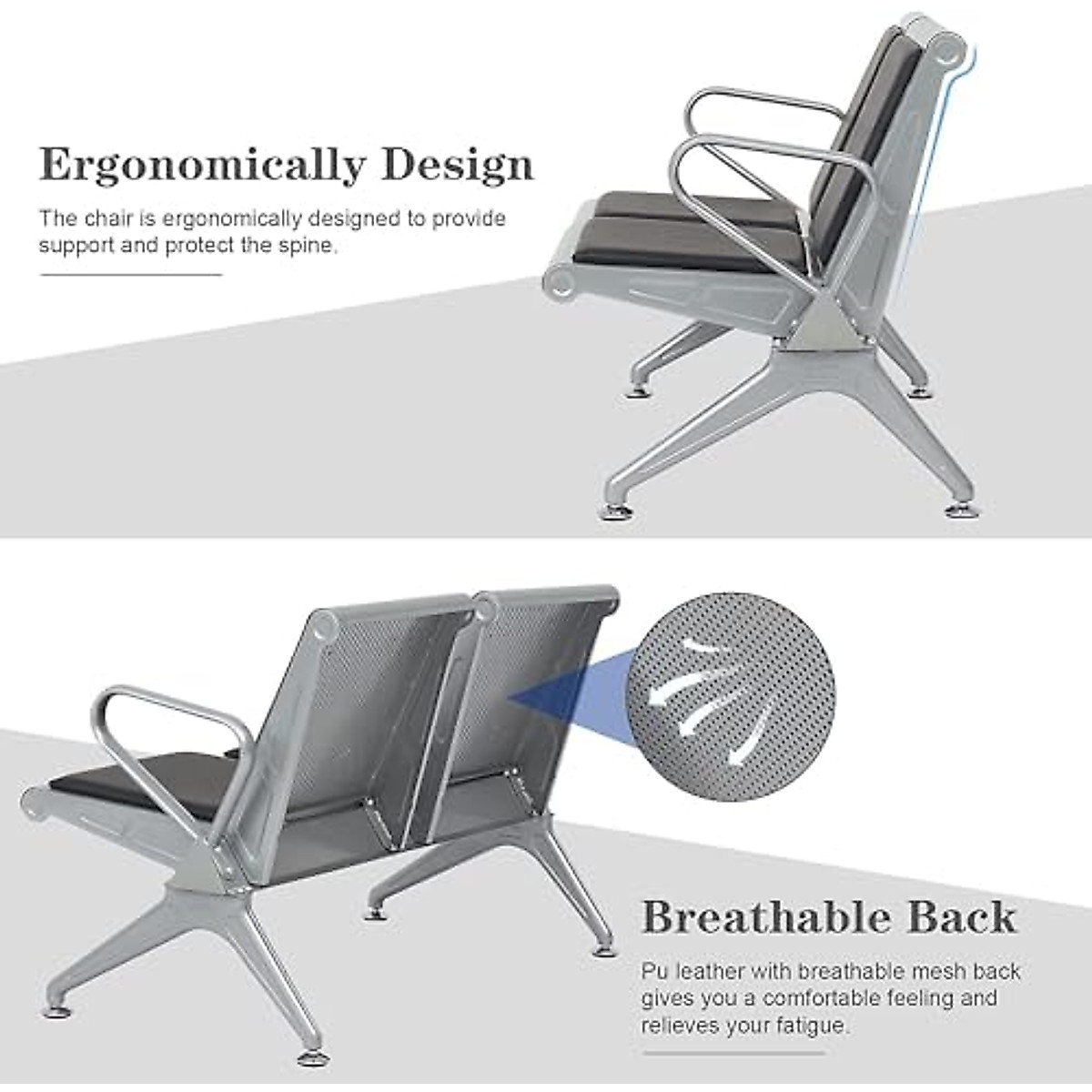 JSUN7 4-Seat Office Waiting Room Chairs - PU Leather Reception Bench, Guest Chairs Airport Seating with Armrests for Hospital Bank Salon Barber Hall Room Conference, Set of 2, Black