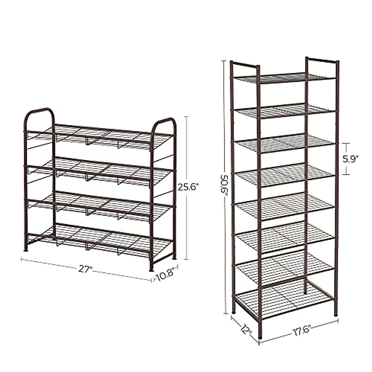 SONGMICS 4-Tier Shoe Rack and 8-Tier Storage Rack Bundle, Shoe Organizer, Sturdy Narrow Shoe Shelf, Adjustable Feet, Vertical Shoes Rack Tower for Entryway, Bronze ULMR067A01 and ULMR028A01