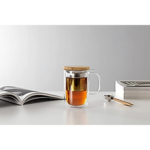 VIVA Minima Double Wall Glass Balance Tea Mug with Mesh Infuser and Wood Lid- 500 ml / 17 oz