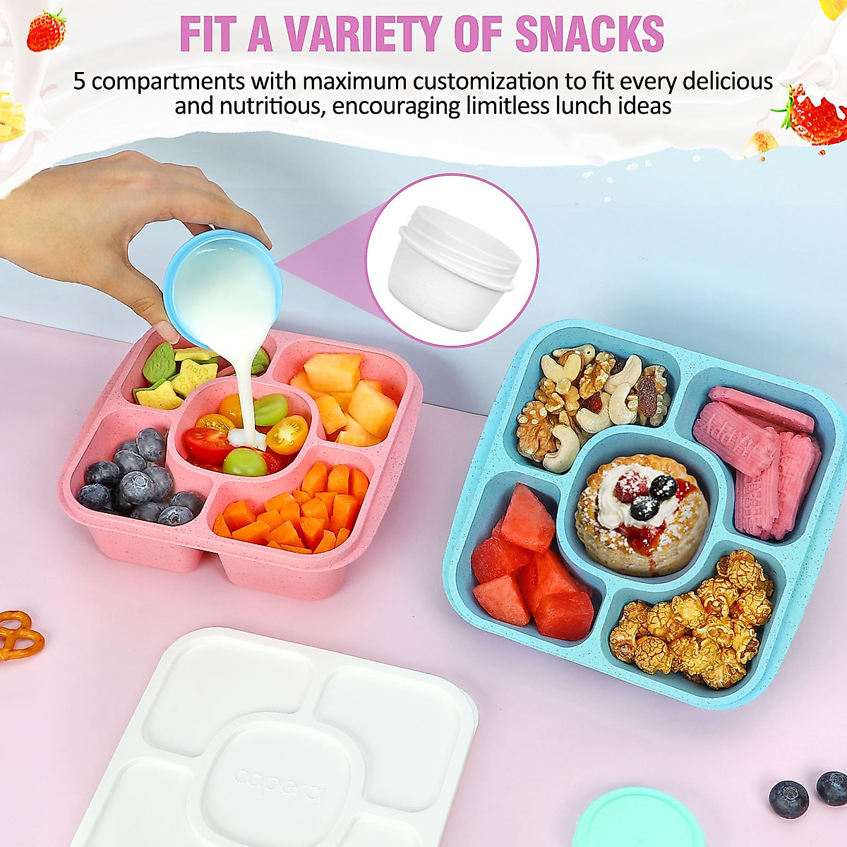 FANCILLA Bento Snack Containers for Kids Adults, 3 Pack Reusable Lunchable Bento Snack Boxes with 5 Compartments & 1 Leakproof Sauce Containers, Wheat Straw, BPA-Free, Stackable (Classic Vintage)