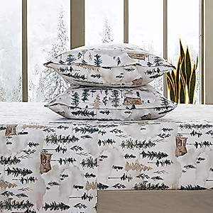 Flannel Sheets Warm and Cozy Deep Pocket Breathable All Season Bedding Set with Fitted, Flat and Pillowcases, King, Winter Cabin Lodge