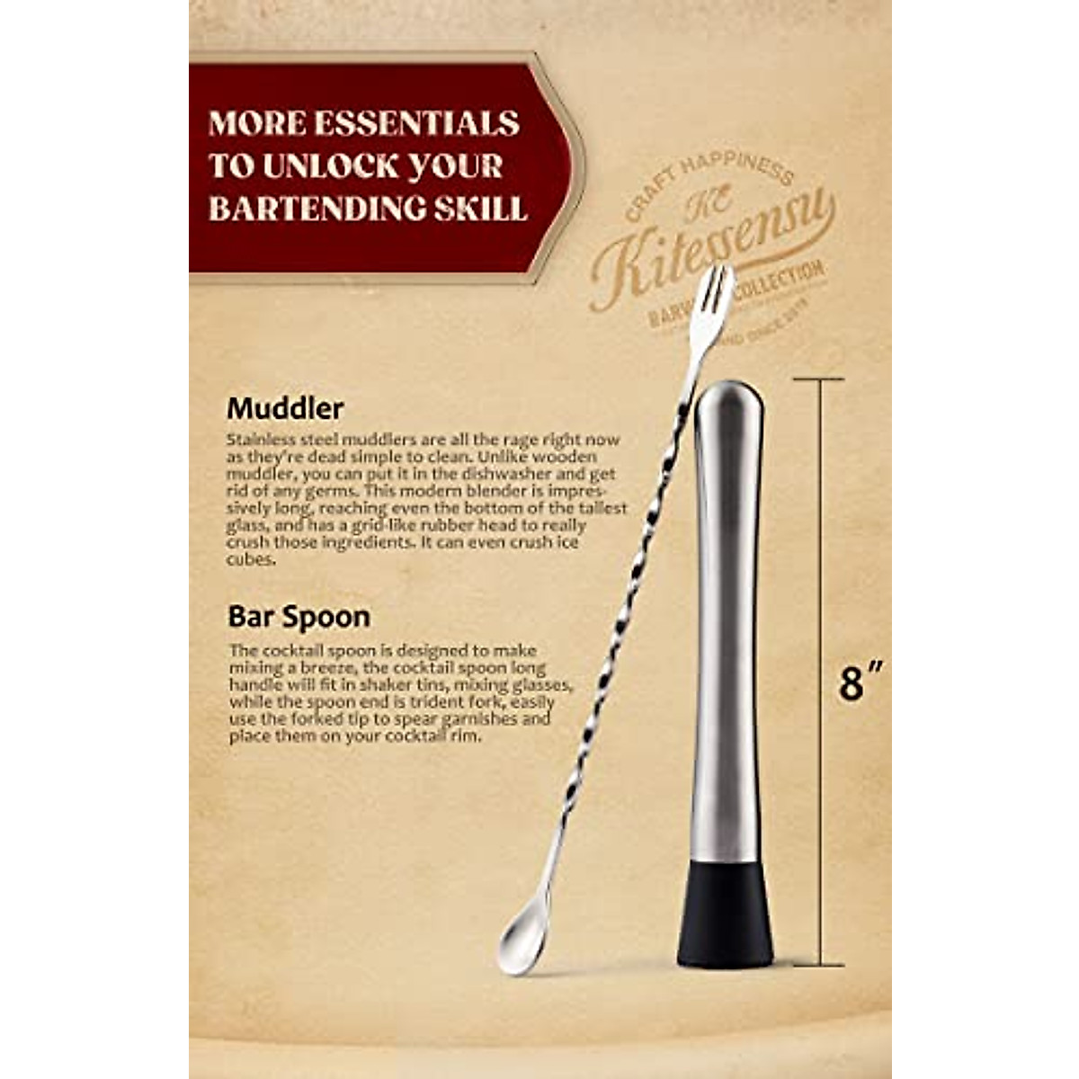 KITESSENSU Muddler and bar Spoon, 8 Inch Stainless Steel Muddler for Cocktails, Excellent Choice for Mojitos, Caipirinhas, Fruits, Herbs, Spices Based Drinks