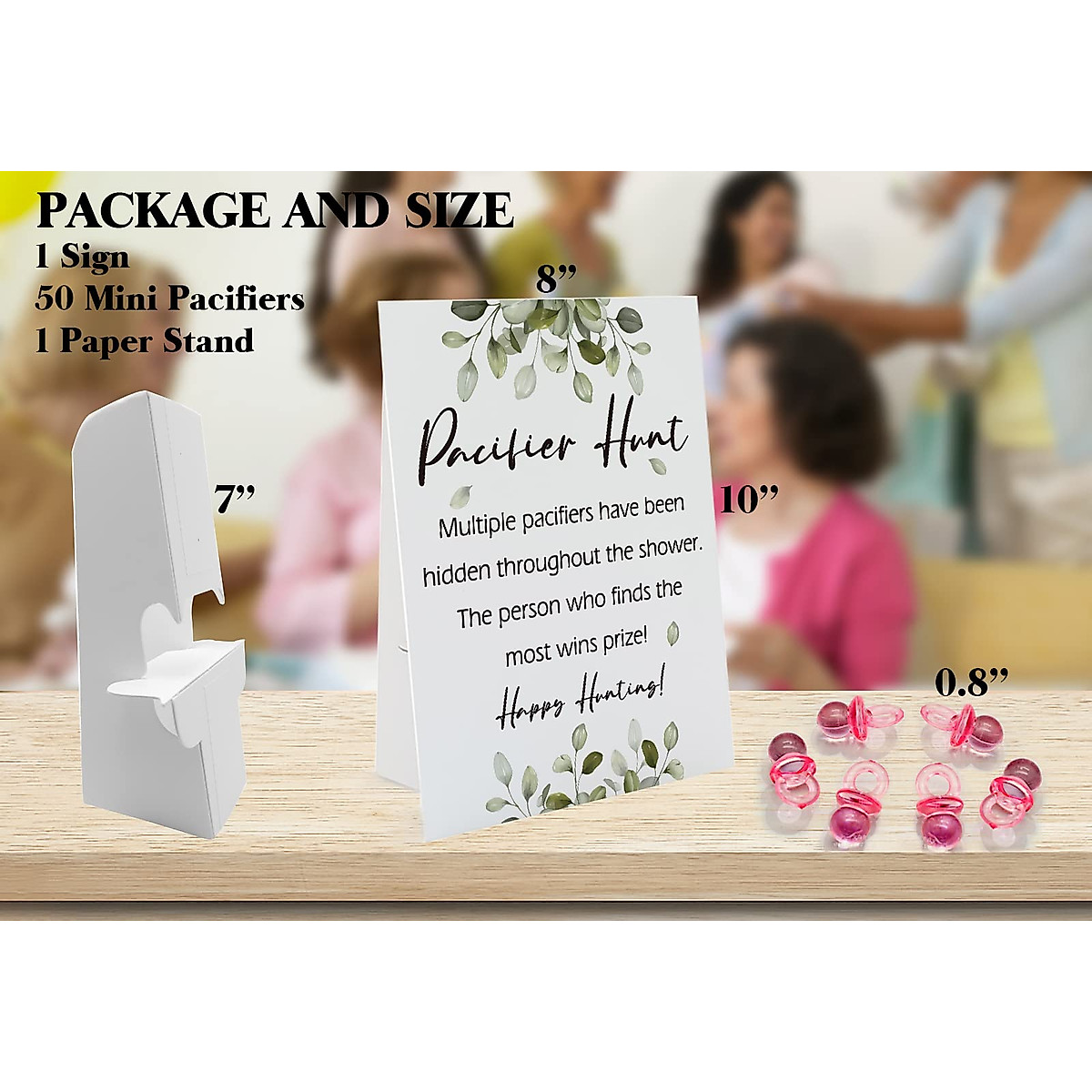 Baby Pacifier Hunt Baby Shower Games, Gender Reveal Game, 8×10 Sign and 50 Mini Acrylic Pacifier, Favorite Adults Kids Games for Baby Shower Activities, Gender Neutral Boy and Girl BPH03